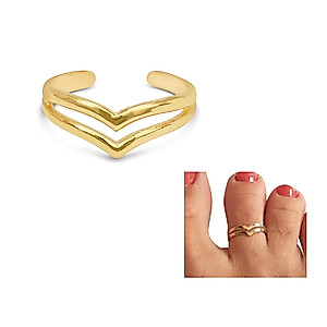 Handmade Gold V-Shape Band Adjustable Toe Ring, Yellow Gold Plated over Sterling Silver, Double Chevron Classic Dainty Open Toe, Pinky or Knuckle Rings for Women, By MiYa Jewelry