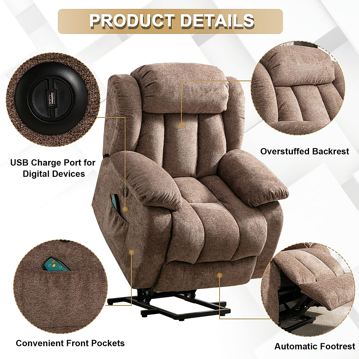 ANJ Power Lift Recliner Chair with Heat & Massage for Elderly, Overstuffed Lift Chairs with USB Port and Heavy Duty Reclining Mechanism(Taupe)