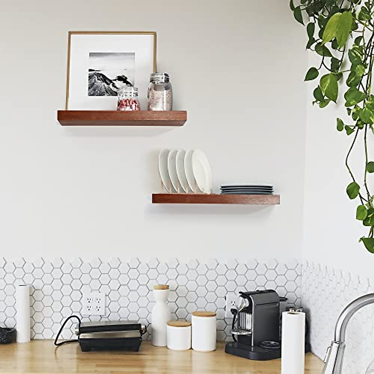 Marsmiles Floating Shelves Solid Wood Set of 2, Rustic Wood Wall Shelves, Wooden Wall Mounted Farmhouse Shelves for Bathroom Kitchen Living Room Bedroom - Light Walnut