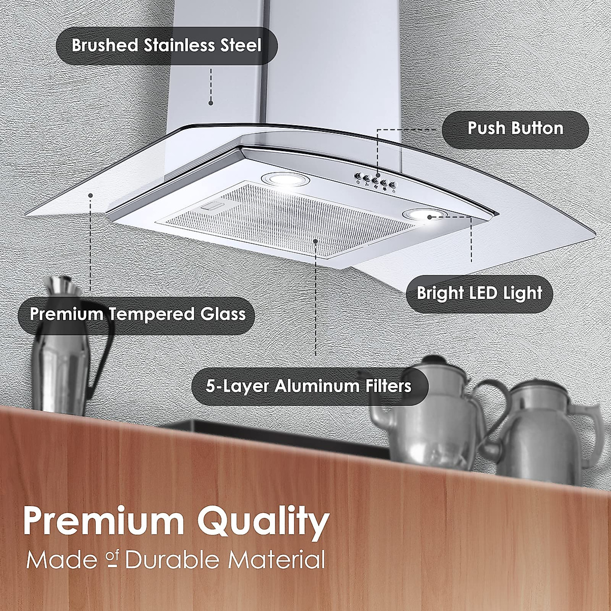 Range Hood 30 Inch, Tieasy Wall Mount Kitchen Hood with Ducted/Ductless Convertible Duct, Stainless Steel Chimney and Aluminum Filters, LED Lights, 3 Speed Fan, Push Button