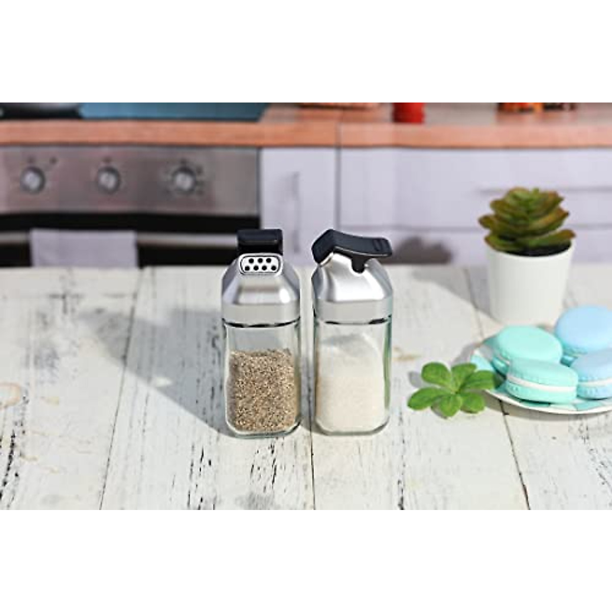 J&M Design Glass Salt and Pepper Shakers Set with Moisture Free Plastic Flip Lid for Kitchen Countertop or Travel Spice Seasoning Use - Set Of 2 Refillable Bottle Dispenser Container Shaker