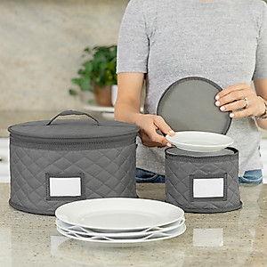 STOZU 2 Pack China Storage Containers for Dinner Plates - 12" W x 7" H - Includes 24 Felt Dividers - Stackable Case with Padded Interior and Handle