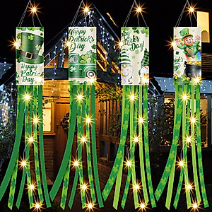 4 Pieces St. Patrick's Day Windsock with LED Light String 40 Inch Green Shamrock Truck Gnome Hat Pattern Windsock Happy St. Patrick's Day Outdoor Hanging Windsocks and Flags Wind Sock for Yard Decor