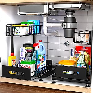 Mlinavn 2 Pack Under Sink Organizer,Pull Out Cabinet Organizer 2 Tier Slide Out Sink Shelf Cabinet Organizer and Storage,Adjustable Under Counter Organizers for Under Kitchen Bathroom Organization