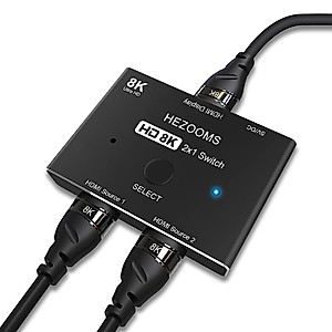 New 8K Switcher HEZOOMS HDMI 2.1 Switch Splitter 2 in1 Out Ultra HD 8K@60Hz 4K@120Hz High Speed 48Gbps Switch Adapter with Switch Button for Computer Laptop 2 Sources to 1 Display
