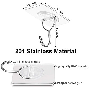 CGBE Adhesive Hooks Heavy Duty Sticky Hooks for Hanging 11 lbs (Max) Seamless Transparent Adhesive Hooks Wall Hangers without Nails for Hanging Keys Coats Hats Bags Ceiling (Clear-16PACK)