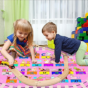 DoRlPIeY Kids ABC Pink Play Rug, Girl Alphabet Rugs with Numbers Animal Train and Road Shapes Learning Fun Educational Carpet, Playmat for Kid Bedroom Playroom 31x47 in Small Pattern