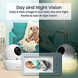 Babysense 5" HD Split-Screen Baby Monitor, Video Baby Monitor with Camera and Audio, Two HD Cameras with Remote PTZ, Night Light, 960ft Range, Two-Way Audio, 4X Zoom, Night Vision, 4000mAh Battery