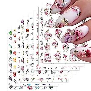 Baoximong 9 Sheets Flower Nail Art Stickers Decals 3D Self-Adhesive Nail Decals Spring Floral Nail Art Supplies Charming Daisy Leave Peony Nail Accessories for Women Nail Decorations Design