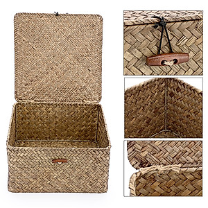 Hipiwe Wicker Shelf Baskets Bin with Lid Handwoven Seagrass Storage Basket Container Square Multipurpose Household Basket Boxes for Shelves and Home Organizer, Coffee Small