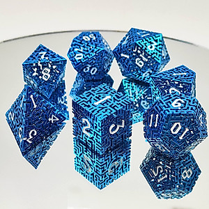 DND Polyhedral Hollow Metal Dice Set RPG Maze Design D&D Dungeons and Dragons D and D MTG Weighted Pathfinder Board Game D4 D6 D8 D10 D% D12 D20 (with Free Metal Storage Box) Dice-Blue