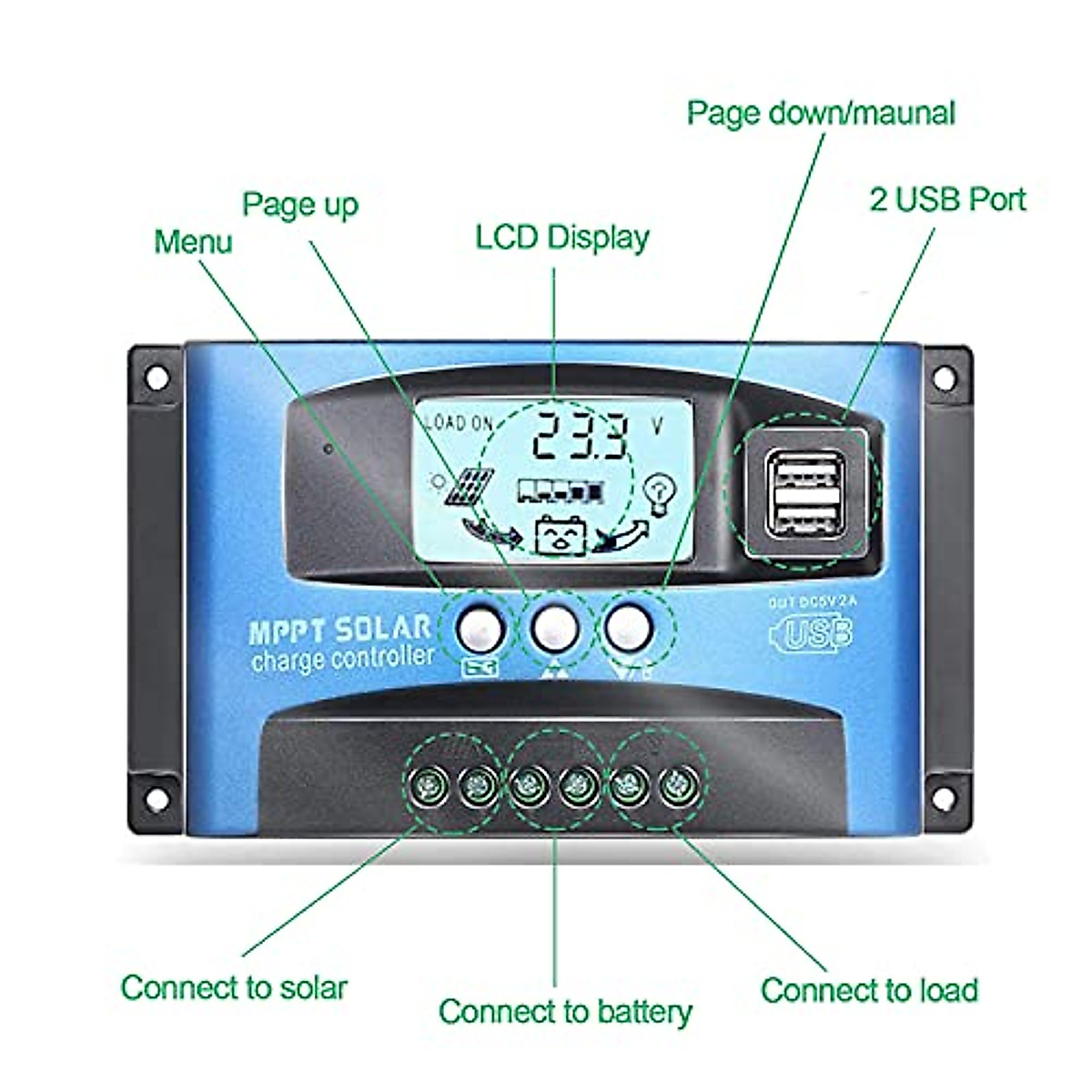 100A MPPT 36V/48V/60V Solar Charge Controller with LCD Display, Multiple Load Control Modes Dual USB MPPT Multi-Function LCD Displays Solar Charge Controller