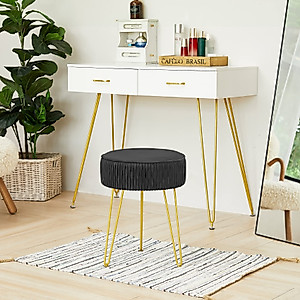 MOOWIND Vanity Stool for Makeup Room Bedroom, Modern Multifunctional Vanity Stools Chair Round Ottoman Velvet Upholstered Seated Foot Rest Dressing Stool with Golden Leg, Side Table End Table,Black