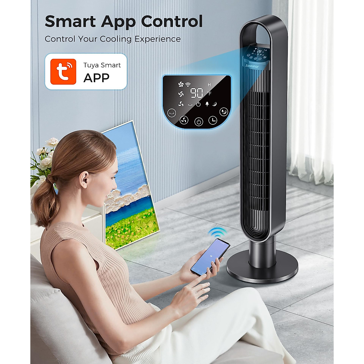 Azonanor Tower Fan for Bedroom, 90° Oscillating Standing Bladeless Fan with Remote, 12H Timer, 3 Speeds Max 28ft/s, 3 Modes, LED Display Floor Fans Works with Tuya/Smart Lift