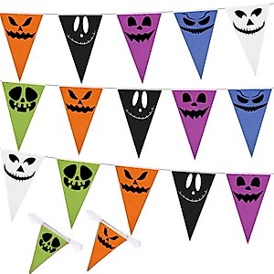 HunnmingRe 164 Feet Halloween Pennant Banner Flags 5 Pcs Scare Face Fabric Triangle Flags Bunting Garland DIY String Banner for Halloween Party Hanging Decoration Garden Indoor Outdoor