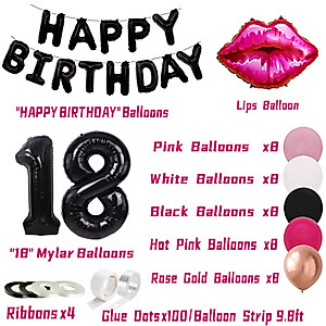 Dreamy Space 18th Birthday Decorations, Pink Black Rose Gold, Happy Banner, 18 Balloon Numbers, Women Party Decor, Girls Bday Decorations