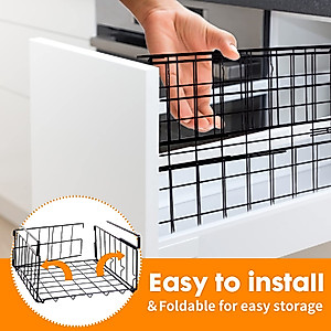 Hanging Under Shelf Storage Basket, 4 Pack Foldable Under Cabinet Metal Desk Storage Wire Rack Organizer for Kitchen Pantry Bookshelf Office Home, Easy to Install Slide-in Under Shelves (Black)