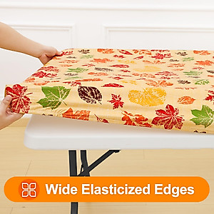 Smiry Plastic Thanksgiving Tablecloth, Fall Leaves Waterproof Elastic Fitted Table Covers for 6 Foot Tables, Wipeable Flannel Backed Vinyl Tablecloths for Autumn Harvest, Parties (Rust, 30x72 Inches)