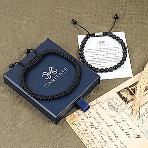 CARITATE Black Beaded Bracelets for Men Boys - 6mm Obsidian Onyx Lava Beads Mens Bracelet Set Mens Jewelry - Cool Anniversary Valentines Fathers Birthday Gifts for Him Boyfriend Husband Man Son Dad