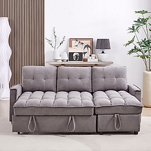 Reversible Sectional Sleeper Sofa - Pull Out Sofa Bed Couch with USB and Tape-c Charging Ports L-Shape Sleeper Sectional Sofa Couch for Living Room, Office and Small Apartment (Grey)