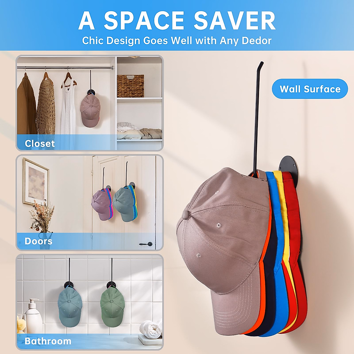 Letohoumia Hat Rack for Wall 2 Pack, Stainless Steel Adhesive Hat Hanger Hooks Holder for Baseball Caps, Multi-Purpose Strong Hook Organizer Can Hold More Than 10 Hats for Door/Closet