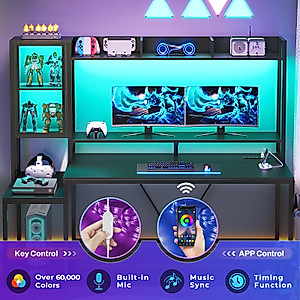 SEDETA Gaming Desk, 60'' Gaming Desk with Hutch and LED Lights, Computer Desk with Storage Shelves, Large PC Gamer Desk with Display Cabinet, Monitor Stand, Power Outlet for Home Office, Black