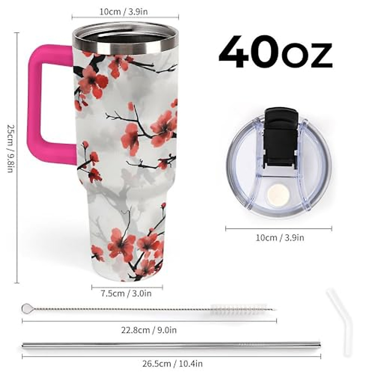 Cherry Flower 40 Oz Tumbler Insulated Stainless Steel Water Bottle Travel Mug Car Cup with Handle And Straw