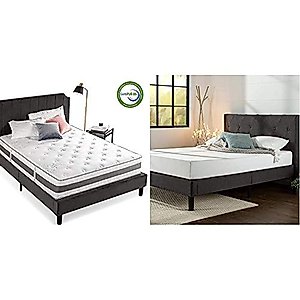 Zinus 12 Inch Gel-Infused Memory Foam Hybrid Mattress, Queen & Shalini Upholstered Diamond Stitched Platform Bed/Mattress Foundation/Easy Assembly/Strong Wood Slat Support/Dark Grey, Queen
