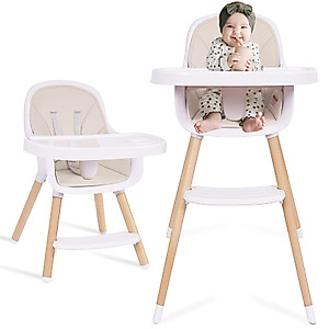 Convertible Baby High Chair, 3-in-1 Wooden Highchair/Toddler Chair with Removable Tray, Feeding & Dining Chair with 5-Point Harness, PU Cushion, Footrest for Babies & Toddlers, Beige