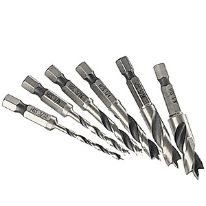 Yakamoz 6Pcs 1/4 Inch Quich Change Hex Shank Stubby Drill Bit Set for Wood Stubby Brad Point Short Drill Bits Imperial