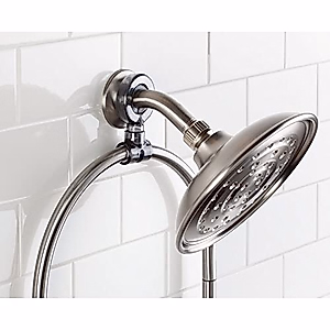 mDesign Metal Bathroom Shower Caddy Station for Shampoo, Conditioner, Hand Soap - Accessory Hook and Towel Bar - 4 Shelf Format, Brushed Stainless Steel