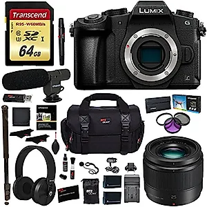 Panasonic LUMIX DMC-G85KBODY 4K Mirrorless Interchangeable Lens Camera Black, LUMIX G Lens 25mm H-H025K, Filter Kit, 64GB Memory and Accessory Bundle