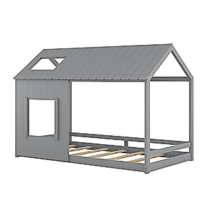 VilroCaz Playhouse Design Montessori Floor Bed Twin Size Kids Bed, Wood House Bed Tent Bed Platform Bed with Roof and Window for Kids Girls Boys, Strong Sturdy Wood Slats Support