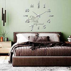 3D Wall Clock Frameless DIY Wall Clock, Big Clock with Quote Sticker for Living Room, Modern Decor for Home Bedroom Office Wall Decorations, Adjustable Size Max 47 Inch (Silver)