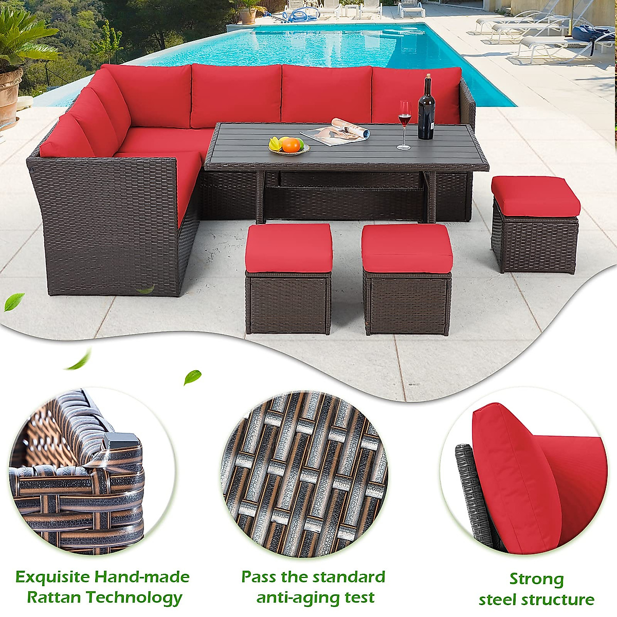 AECOJOY 7 Pieces Patio Furniture Set with Table, Outdoor Patio Furniture, Outdoor Dining Sectional Sofa with Table&Chair, Brown Rattan&Red Cushion