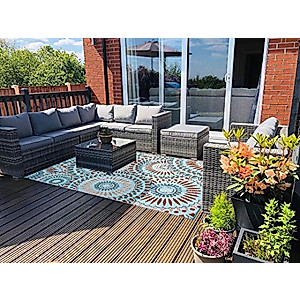 Santextile Reversible Outdoor/Indoor Plastic Straw Rugs Waterproof Portable Mat Easy to Clean Outdoor Patio Mat,Perfect for Garden, Patio, Picnic, Decking-（Blue,8x10Ft）