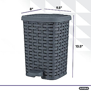 Superio Small Square Pedal Trash Can 7.5 Qt. Charcoal Grey - Rattan Style Compact Small Garbage Can with Lid for Small Spaces, Indoor Outdoor