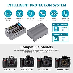 Neewer 2100 mAh Replacement Battery for Nikon EN-EL3e with Dual USB Charger with LCD Display Compatible with Nikon D50 D70 D70s D80 D90 D100 D200 D300 D300s D700