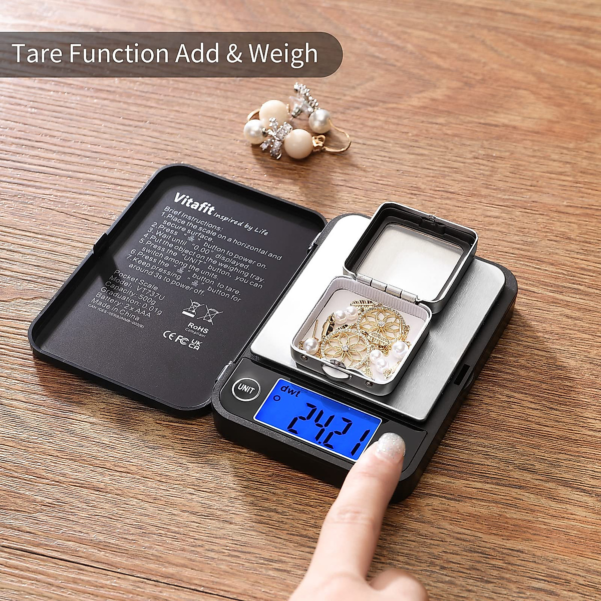 Vitafit 500g Digital Pocket Gram Scale 0.01g Accuracy, Weighing Professional Since 2001, High Precision Scale Grams for: Lab, Food, Kitchen, Coffee, Jewelry; Black