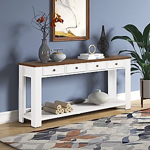 INMOZATA Farmhouse Console Table, 63" Sofa Entryway Table with 4 Drawers and 1 Bottom Shelf for Living Room Entry Way Hallway Furniture,Antique White+Brown