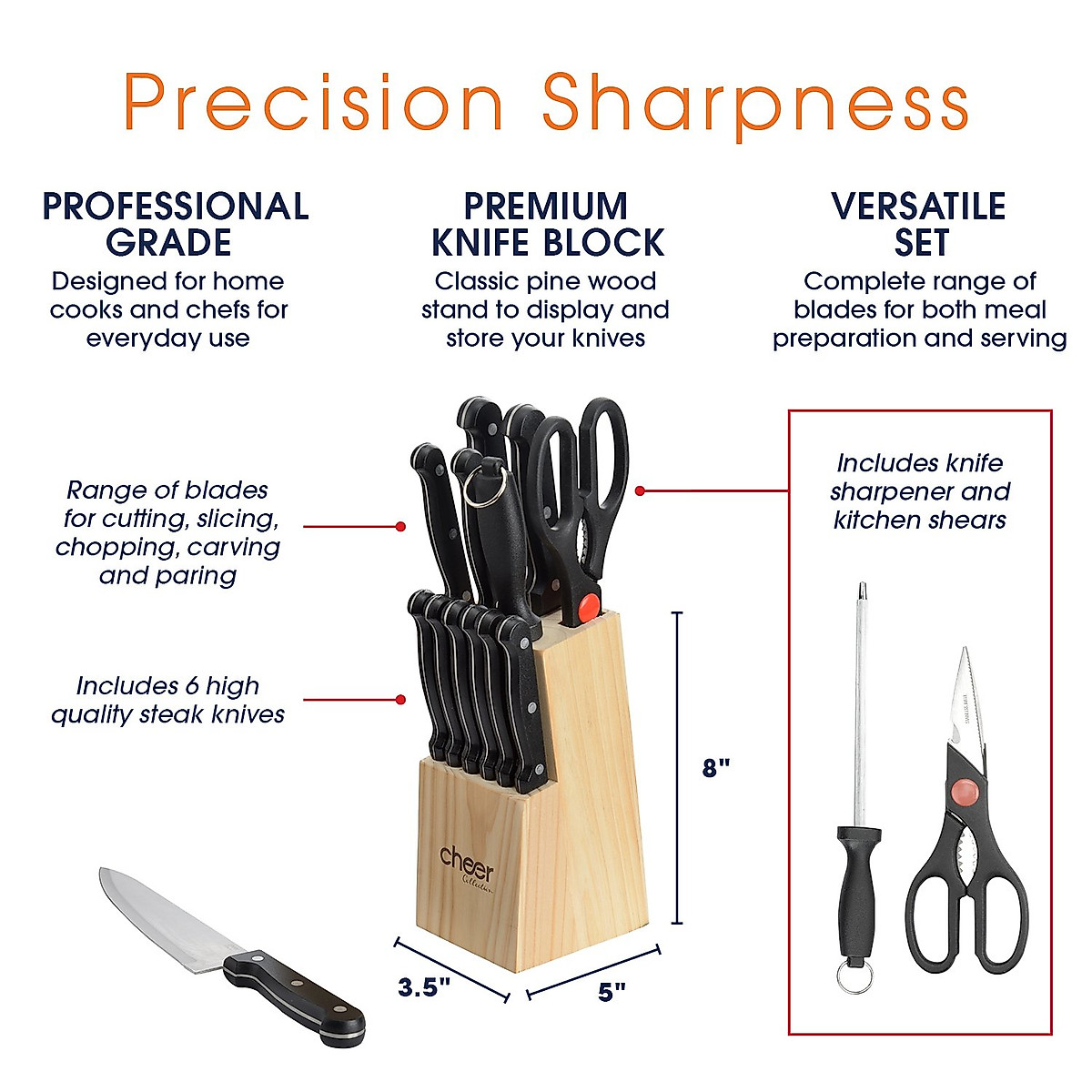 Cheer Collection 13-Piece Stainless Steel Knife Set with Wooden Block | Premium Steak, Paring, Carving, and Butcher Knives with Kitchen Shears | Razor Sharp, Ergonomic Grip