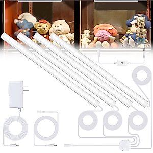 JUSJUBR 4-Pack Cold White Display Shelf Lights, Under Shelf Lighting with Memory Function, 12 Inch 6000K Plug-in Bookshelf Lighting, LED Cabinet Lights for Display Case/Pantry/Closet/Safe