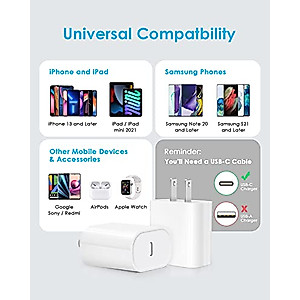 【2 Pack】 20W USB C Wall Charger for iPhone Charger Block with PD 3.0 USB C Adapter Fast Charging for iPhone 14/14 pro/14 plus/14 pro max/13/12/11/SE/XR/8, iPad Pro/Mini, Galaxy, Pixel 4/3 and More