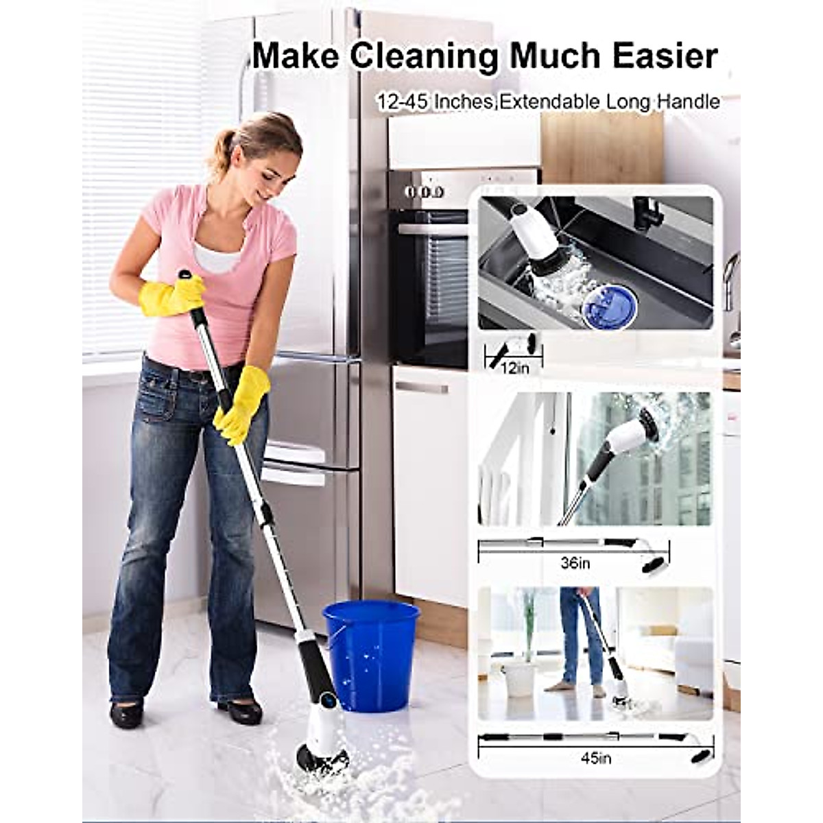 Electric Spin Scrubber, Leebein 2023 Cordless Cleaning Brush with 8 Replaceable Brush Heads & Adjustable Extension Handle & 3 Rotating Speeds, Power Cleaning Brush for Bathroom/Tub/Floor/Tile/Car