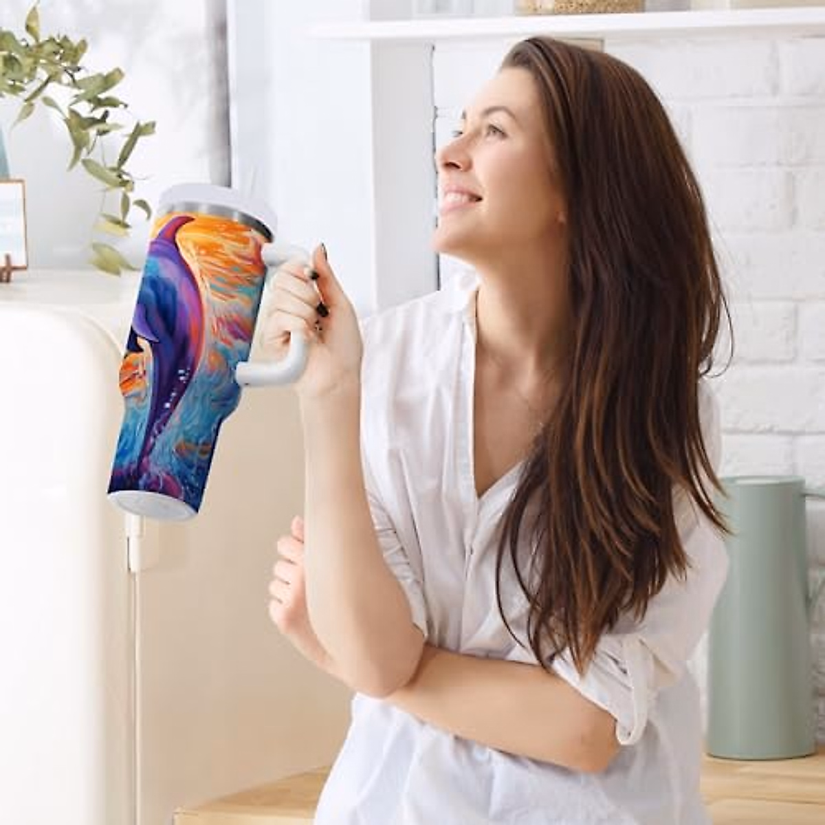 40 oz Sea Dolphins Insulated Tumbler with Handle, Stainless Steel Vacuum Water Bottles with Lid and Straw for Water, Iced Tea or Coffee