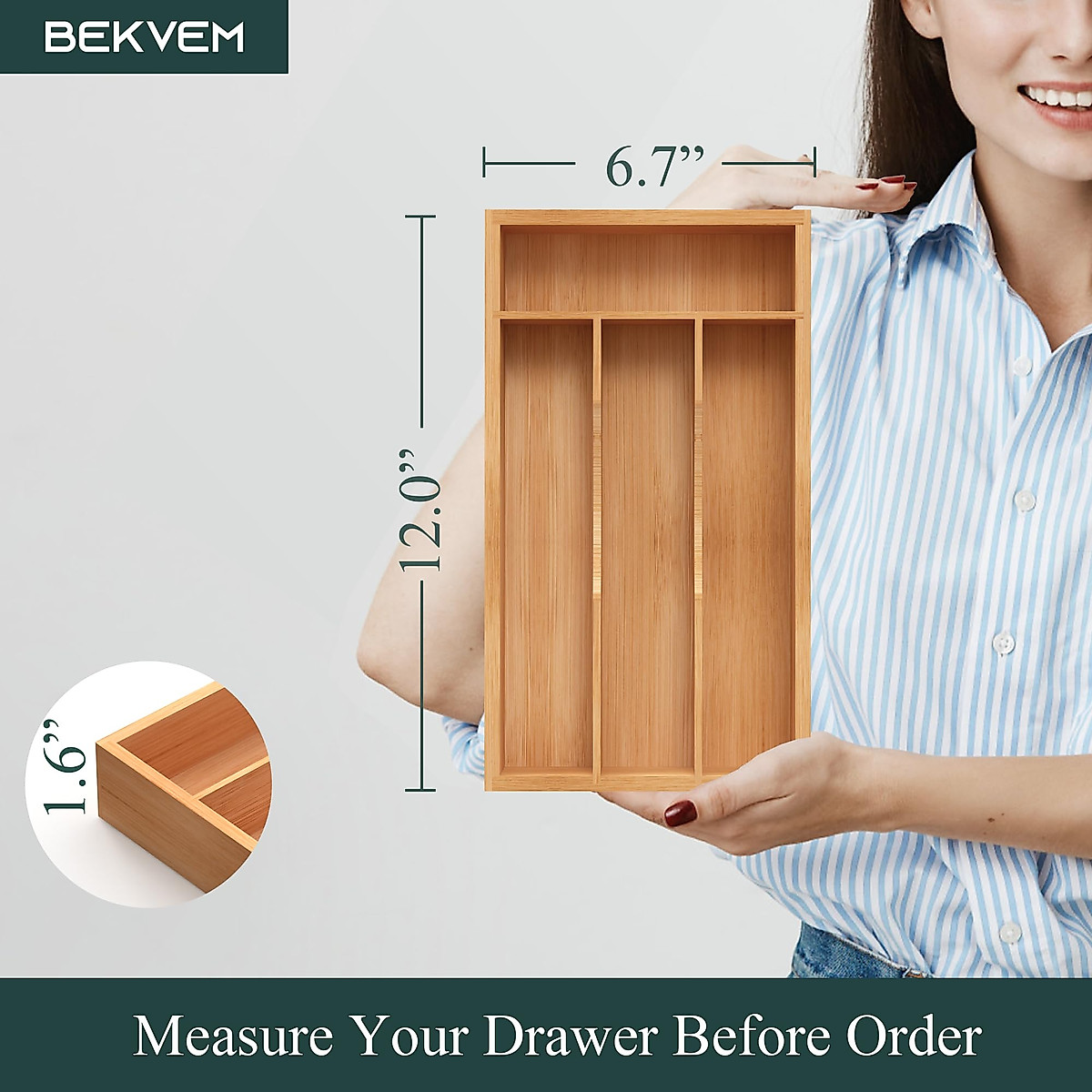 Small Silverware Organizer, Bamboo Kitchen Drawer Organizer, Utensil Holder, Cutlery Tray & Spoon Flatware Storage with Grooved Drawer Dividers