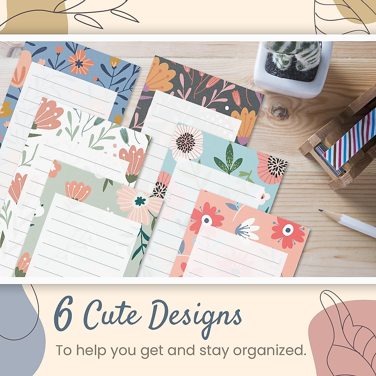 Grocery List Magnet Pad for Fridge, 6-Pack Magnetic Note Pads Lists, 60 Sheets Per Pad, 6 Cute Floral Designs, Full Magnet Back To-Do-List Notepads