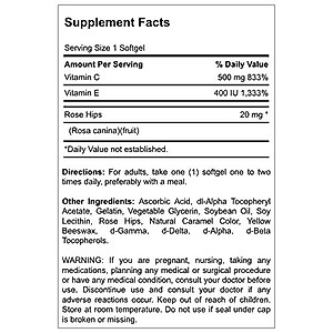 Puritans Pride Vitmain C 500 mg & E 180 mg with Rose Hips for Immune & Antioxidant Support by Puritan's Pe for Healthy Skin and Immune System Support, 100 Softgels