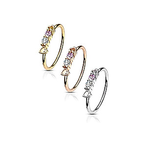 Amelia Fashion 20 Gauge CZ and Hearts Set Top Bendable Nose Hoop/Cartilage Ring 316L Surgical Steel (Choose Color) (Steel)