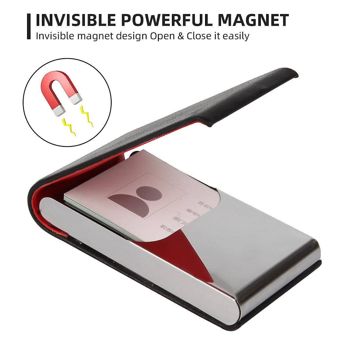 Business Card Holder-Stainless Steel Leather Card Holder, Card Holder for Women & Men, Professional Bussin Card Holder, Touch Magnetic Case, Suitable for Note Card, Business Card, Credit Card (Black)